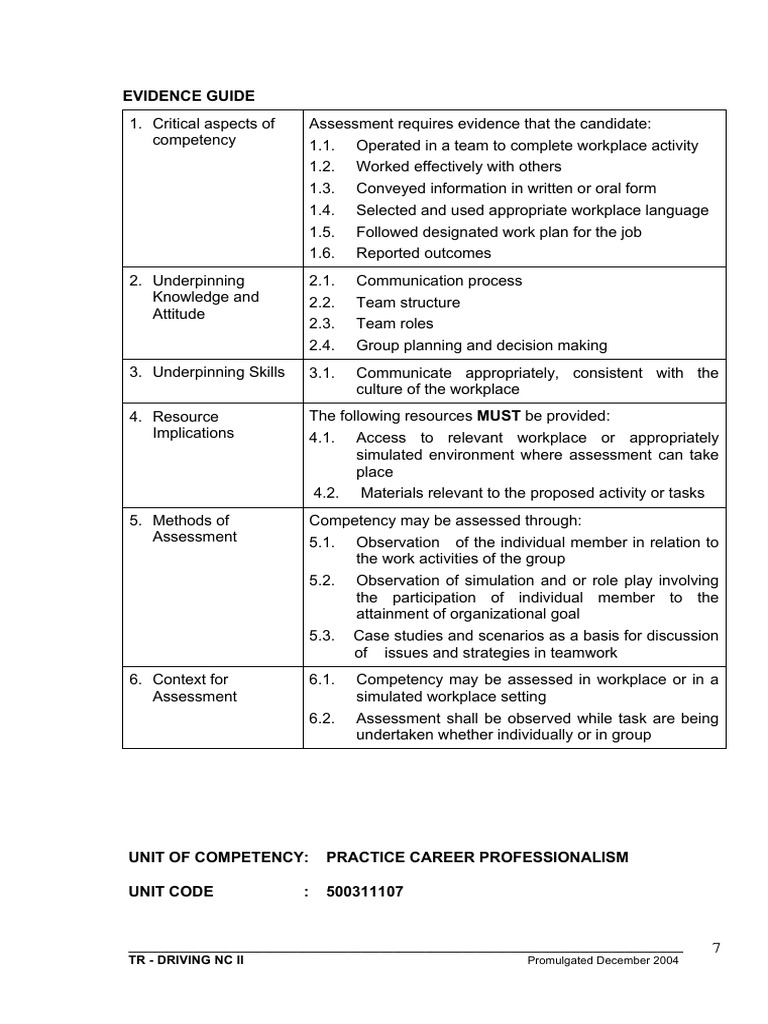 Evidence Guide: - TR - Driving NC Ii | PDF | Competence (Human ...