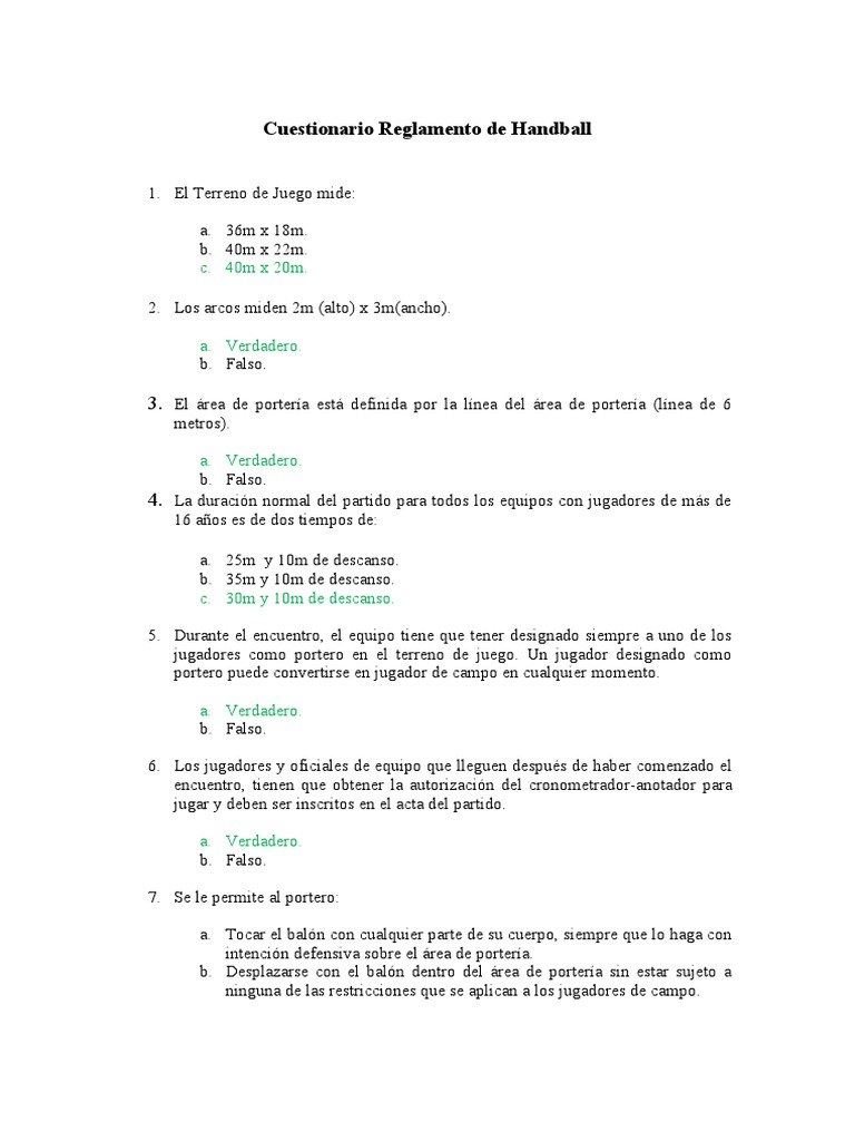 Cuestionario Reglamento de Handball | PDF | Reglas y regulaciones ...