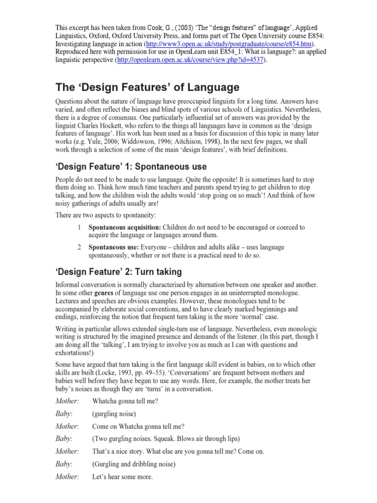 The Design Features' of Language | PDF | Phoneme | Word