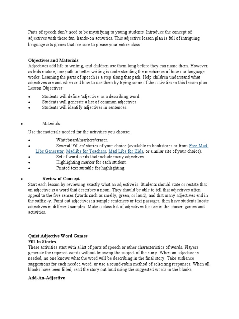 Adjective Lesson Plan | PDF | Adjective | Part Of Speech