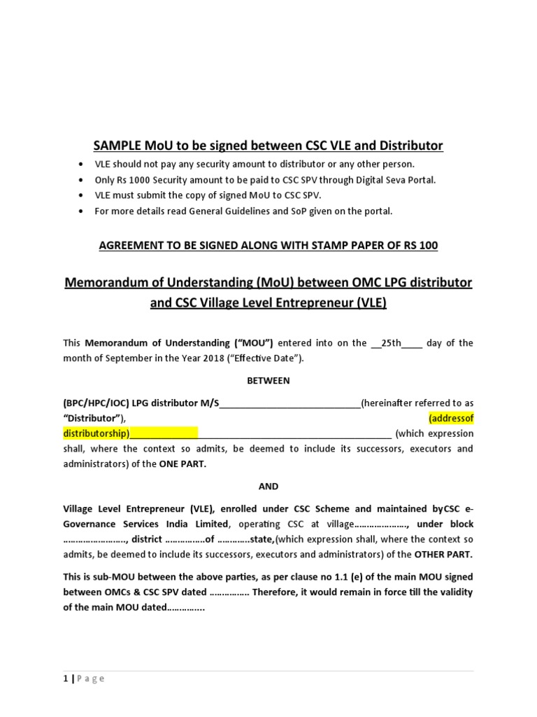 Sample of MOU Between CSC-VLE and Distributor | PDF | Point Of Sale ...