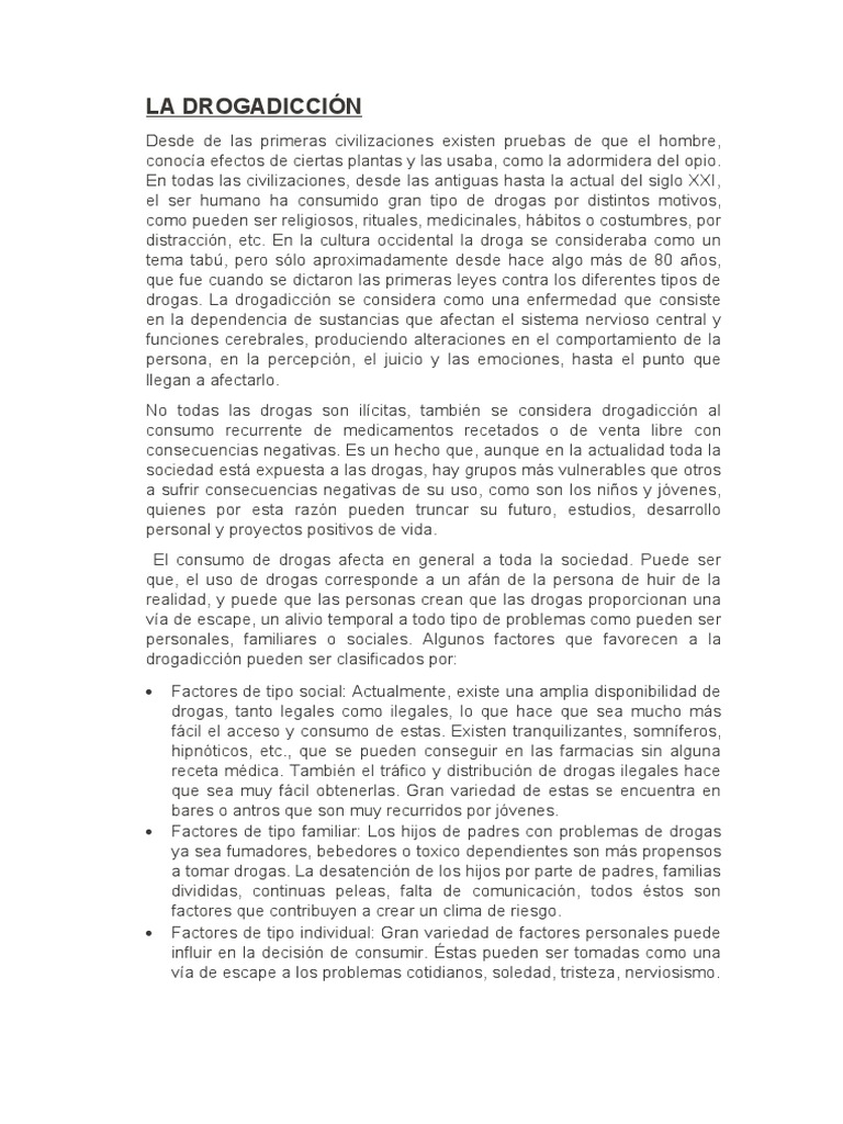 La historia de la drogadicción y sus factores sociales, familiares e individuales | PDF | La ...