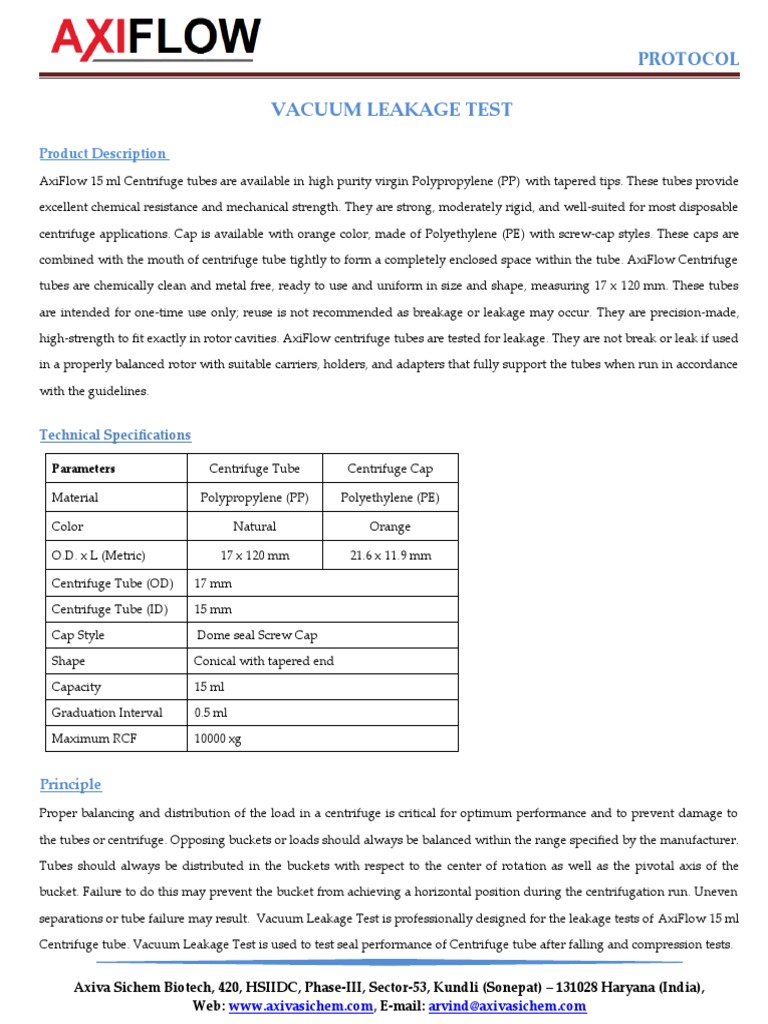 Data Sheet - Vacuum Leakage Test | PDF | Centrifuge | Pipe (Fluid ...