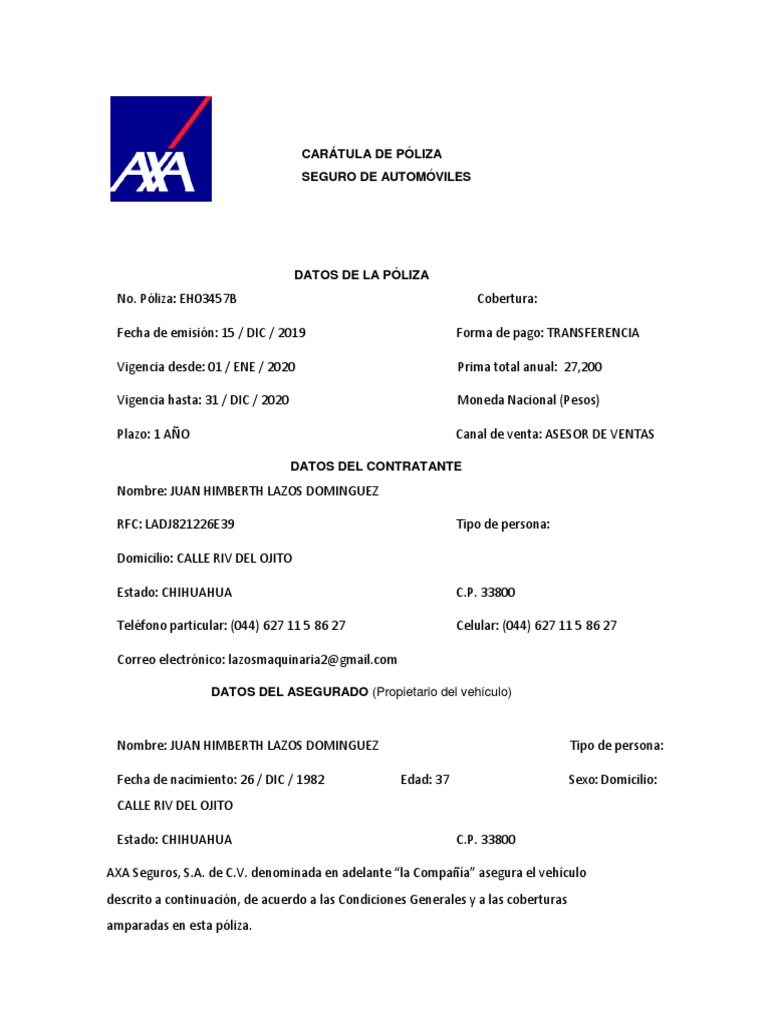 Carátula de Póliza Seguro de Automóviles Volvo | PDF | Póliza de ...
