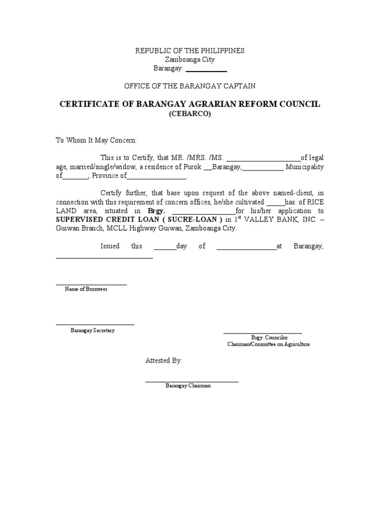 Certificate of Barangay Agrarian Reform Council: (Cebarco) | PDF