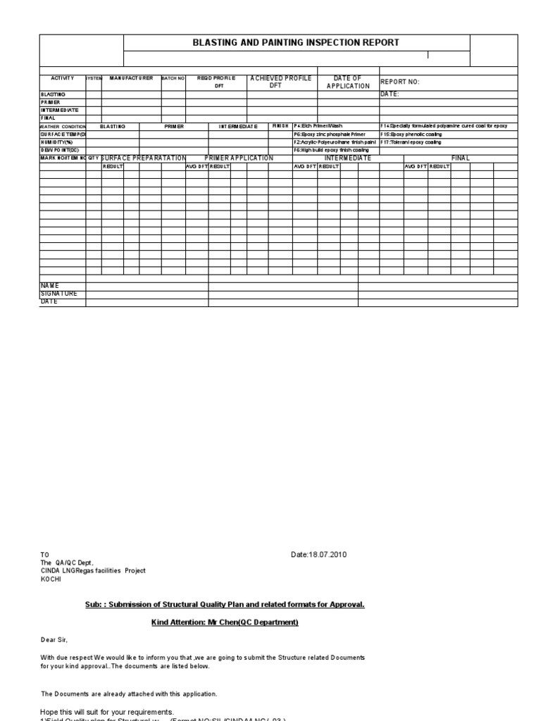 Blasting and Painting Inspection Report: Achieved Profile Date of Report No: DFT Application ...