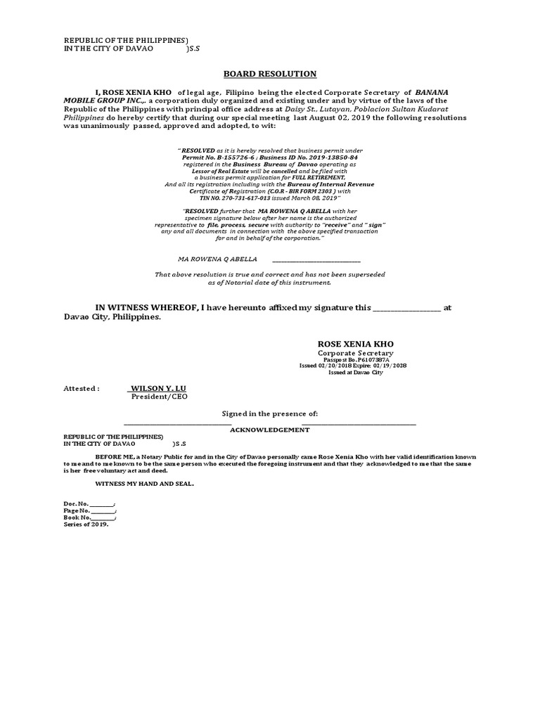 Board Resolution: I, ROSE XENIA KHO of Legal Age, Filipino Being The ...