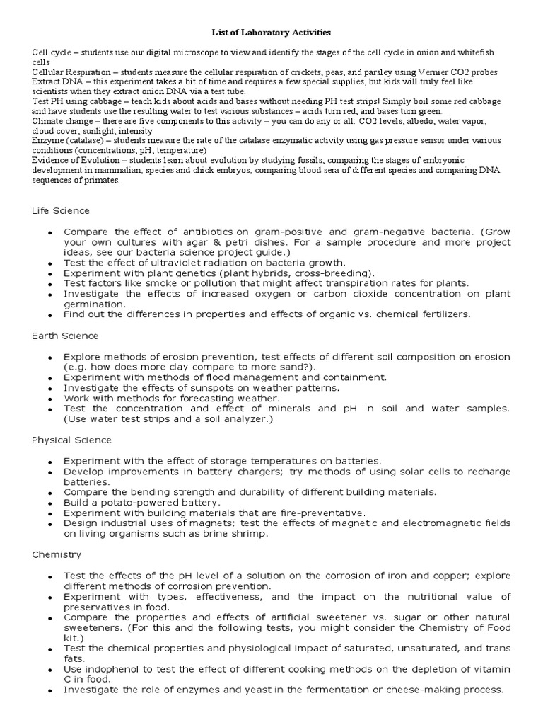 Engaging Laboratory Activities List | PDF | Carbon Dioxide | Bacteria