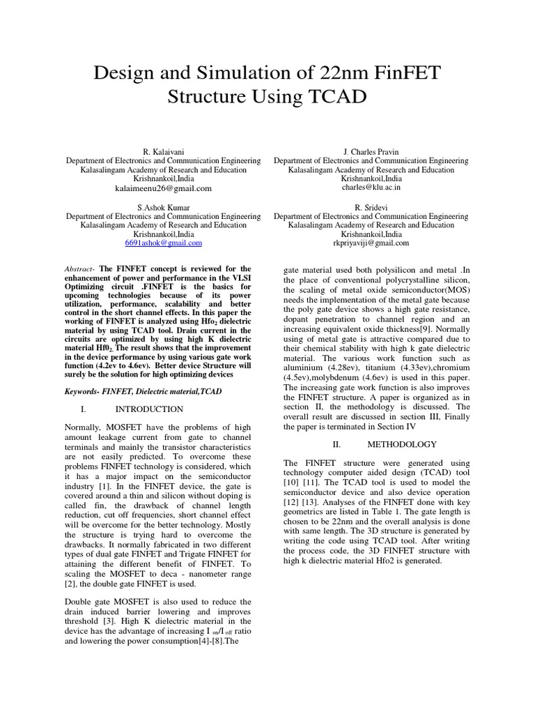 Design and Simulation of 22Nm Finfet Structure Using Tcad: Abstract-The Finfet Concept Is ...