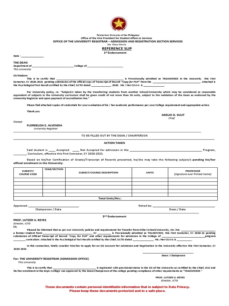PUP Reference Slip Transferee or Request For Endorsement | PDF ...