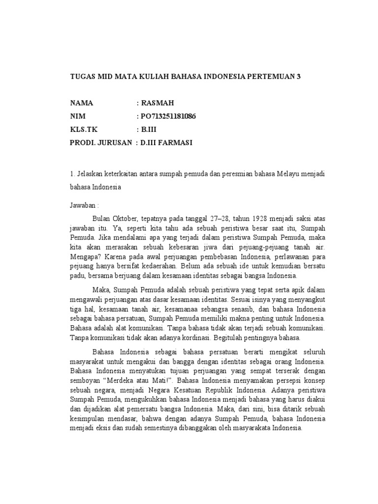 Tugas Mid Mata Kuliah Bahasa Indonesia Pertemuan 3 | PDF