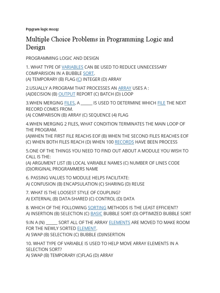 Multiple Choice Problems in Programming Logic and Design: Variables ...