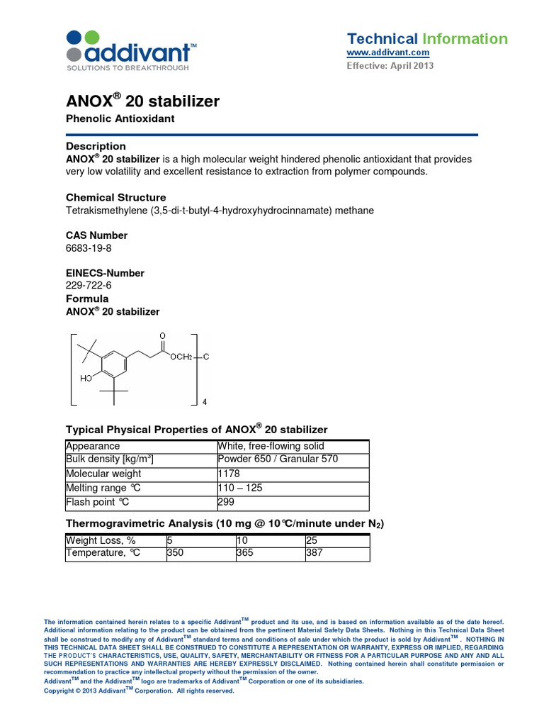 Anox 20 Stabilizer Technical Pdf Polymers Solvent