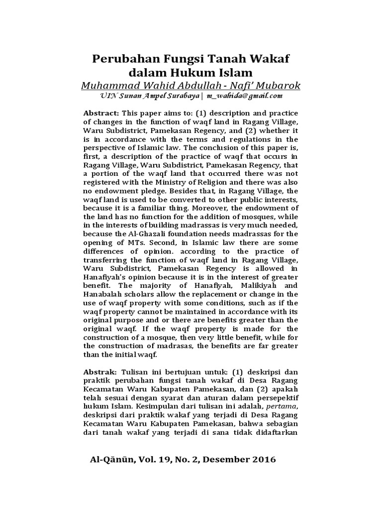 Perubahan Fungsi Tanah Wakaf Dalam Hukum Islam: Muhammad Wahid Abdullah - Nafi' Mubarok | PDF ...