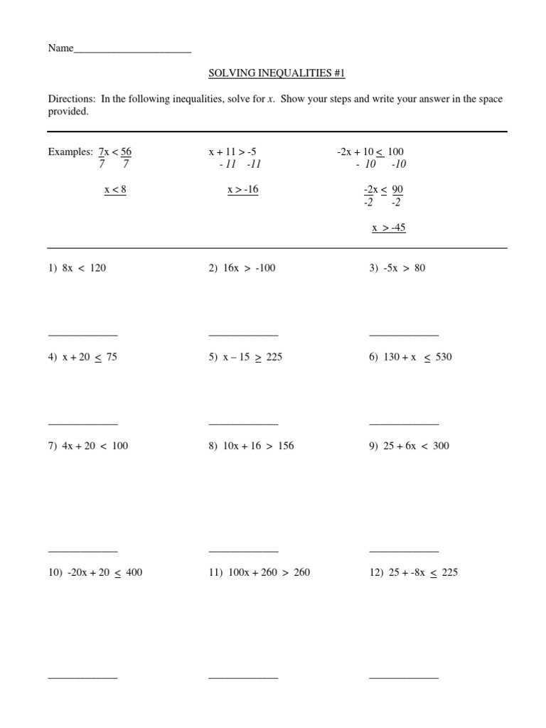 Solving Inequalities Worksheet 1 PDF | PDF