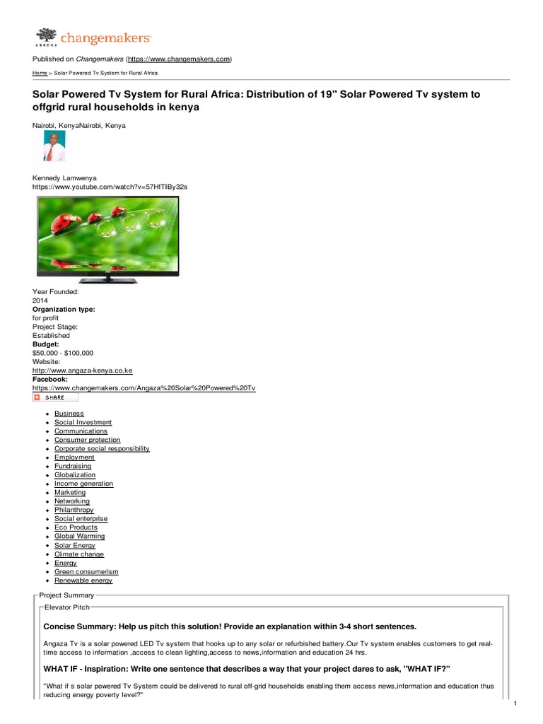 Solar Powered TV System For Rural Africa: Distribution of 19" Solar ...