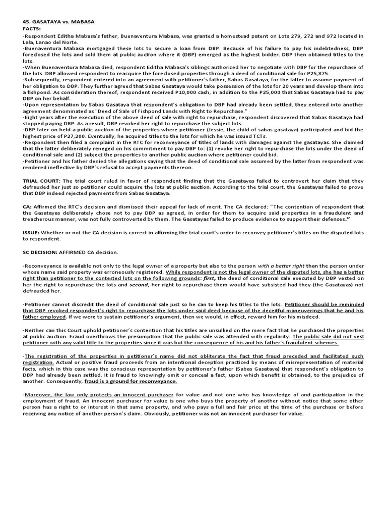 45 Gasataya vs. Mabasa | PDF | Fraud | Foreclosure 45 Gasataya vs. Mabasa | PDF | Fraud | Foreclosure