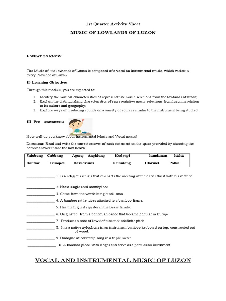 Grade 7 1st Quarter Activity Sheet | PDF | Musical Instruments | Songs