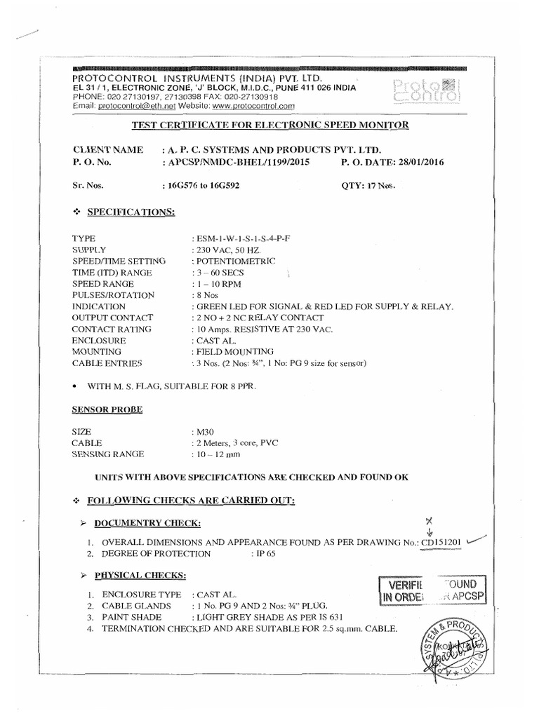 Test Certificate Proto Control | PDF