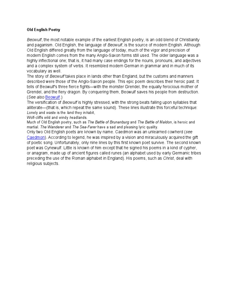 Beowulf, The Most Notable Example of The Earliest English Poetry, Is An ...