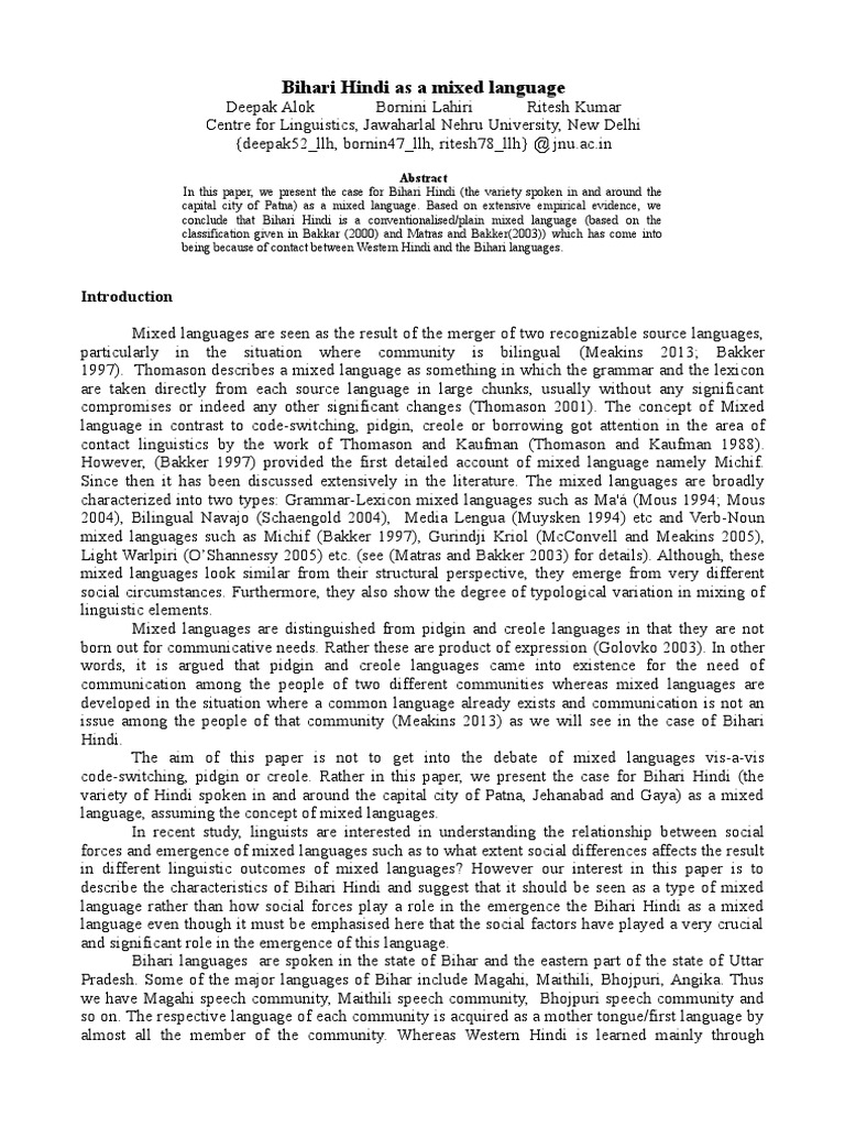 Bihari Hindi as a Mixed Language: Empirical Evidence Supporting its ...