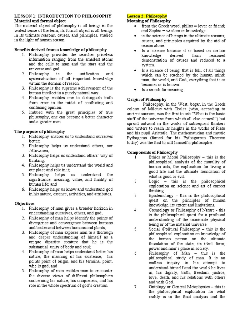 Lesson 1: Introduction To Philosophy Material and Formal Object Lesson ...