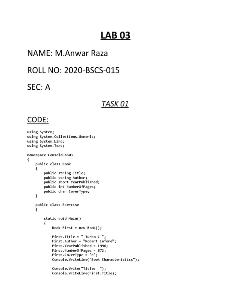 NAME: M.Anwar Raza ROLL NO: 2020-BSCS-015 Sec: A: Code | PDF | Computer ...