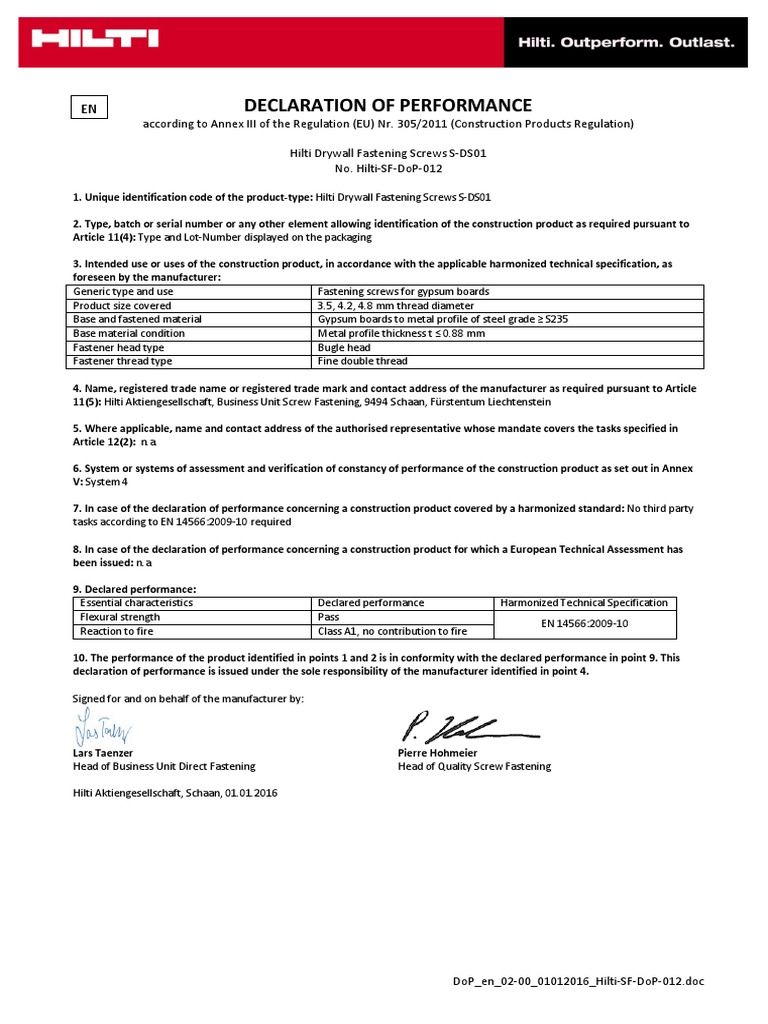 Declaration of Performance Hilti SF DoP 012 EN Declaration of ...