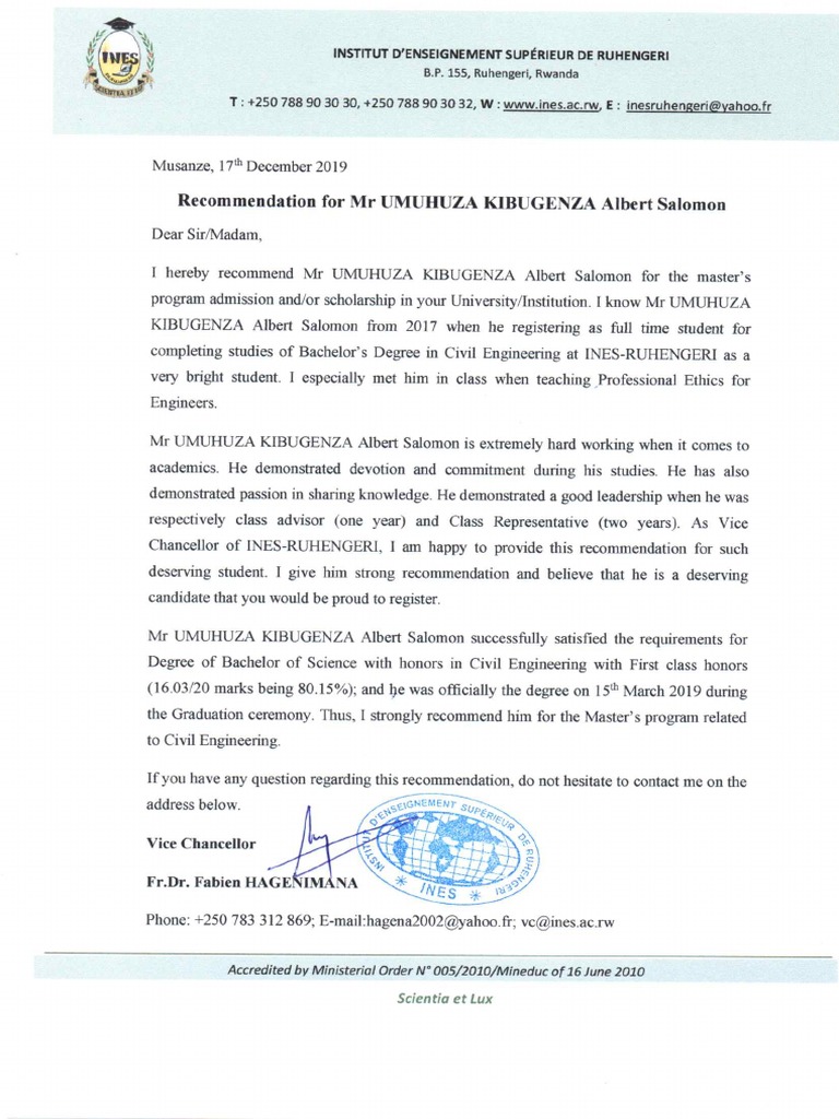 Recommendation Letter To UMUHUZA KIBUGENZA Albert Salomon | PDF