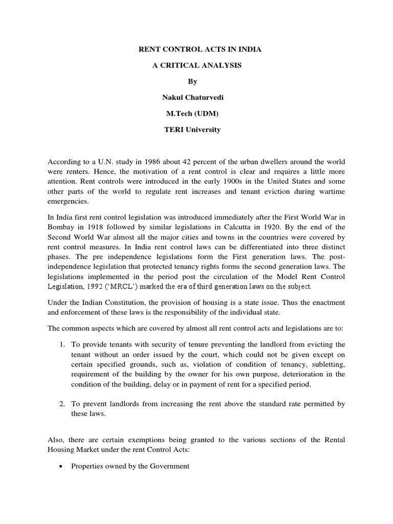 Rent Control Acts in India A Critical Re PDF | PDF | Rent Regulation ...