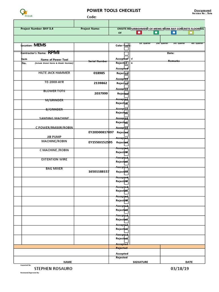 Power Tools Inspection Checklist | PDF | Manufactured Goods