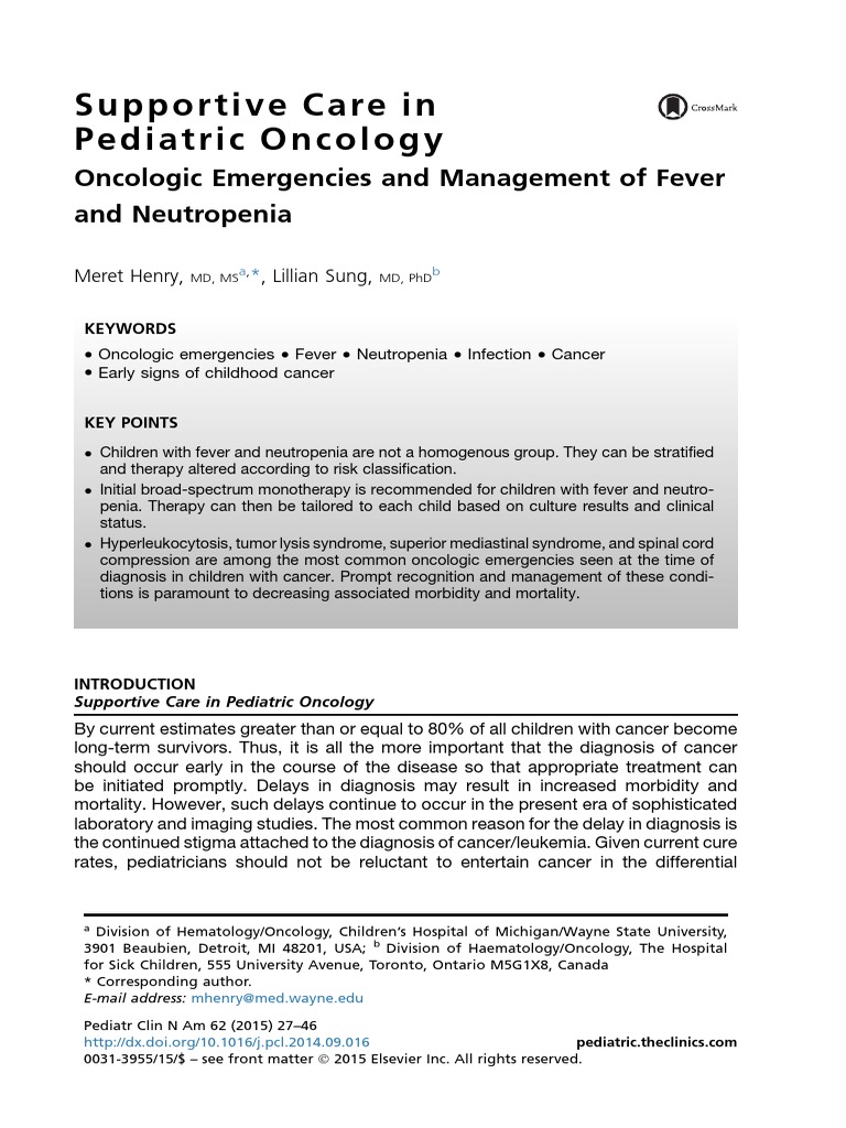 Supportive Care in Pediatric Oncology. Oncology Emergencies and ...