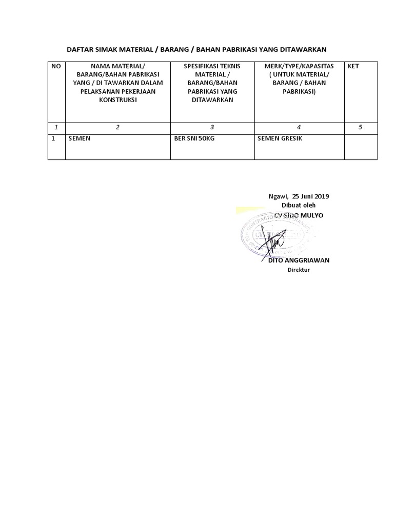 Daftar Simak Material | PDF