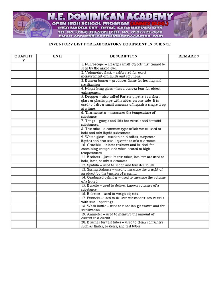 Inventory List For Laboratory in Science | PDF | Laboratory Equipment ...