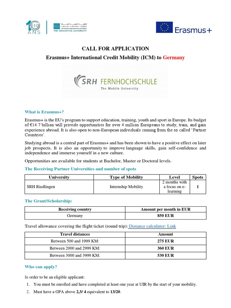 Call For Application Erasmus+ International Credit Mobility (ICM) To | PDF | University | Euro