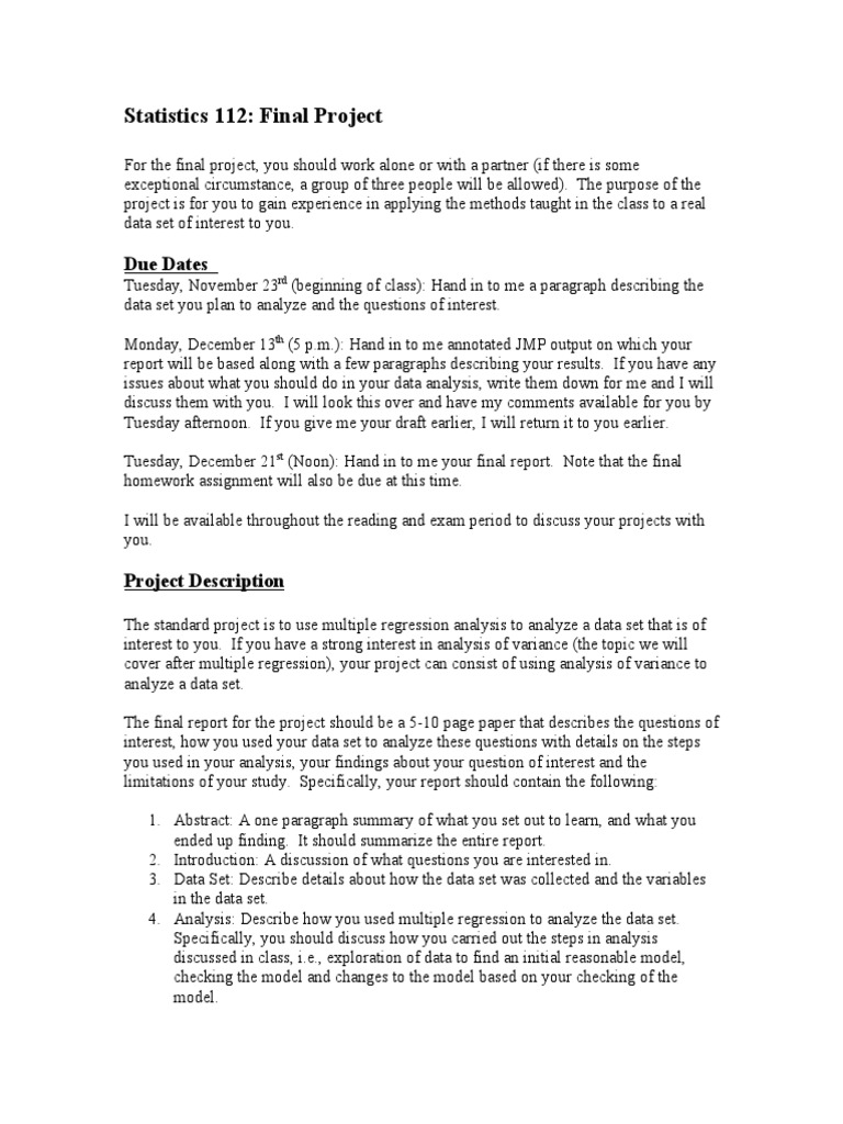 Statistics 112: Final Project: Due Dates | PDF | Regression Analysis | Data
