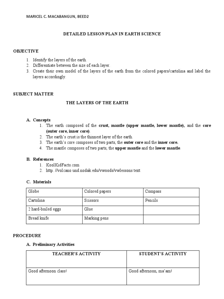 Detailed Lesson Plan in Earth Science | PDF | Structure Of The Earth ...