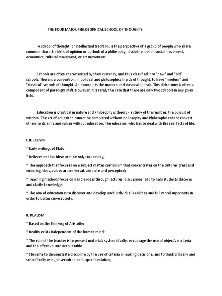 The Four Major Philosophical School of Thoughts | PDF | Reality | Idea