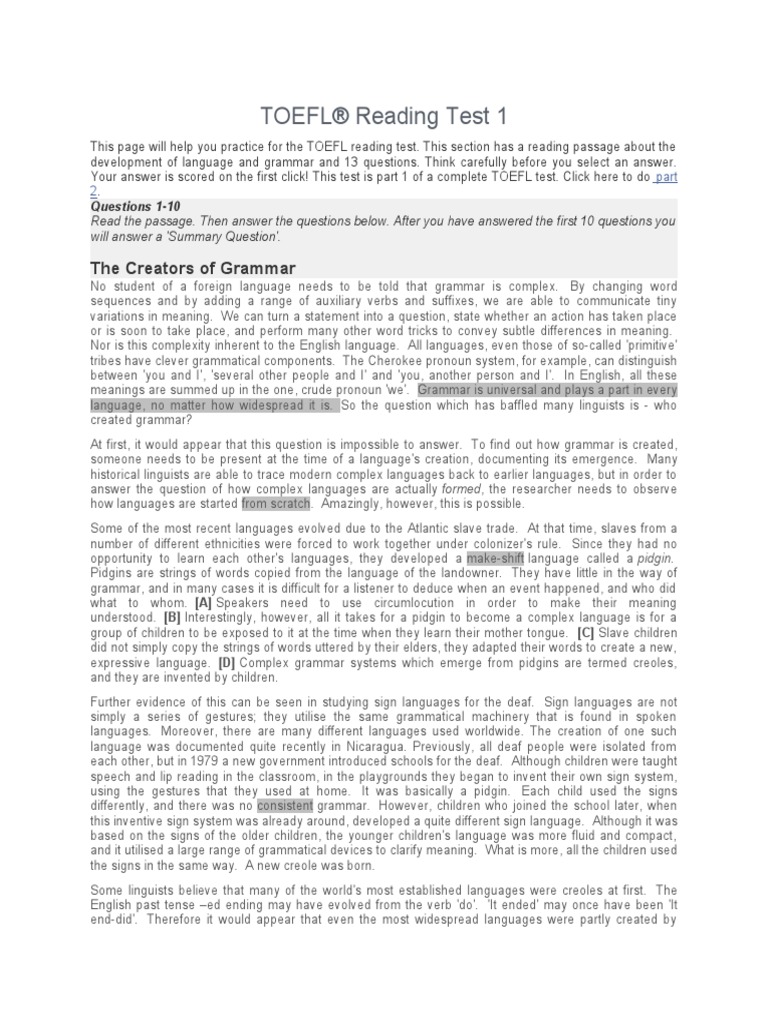 TOEFL® Reading Test 1: The Creators of Grammar | PDF | Question | Sign ...