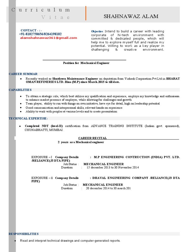 Resume of Shahnawaz Alam Seeking a Position as a Mechanical Engineer | PDF | Engineering ...