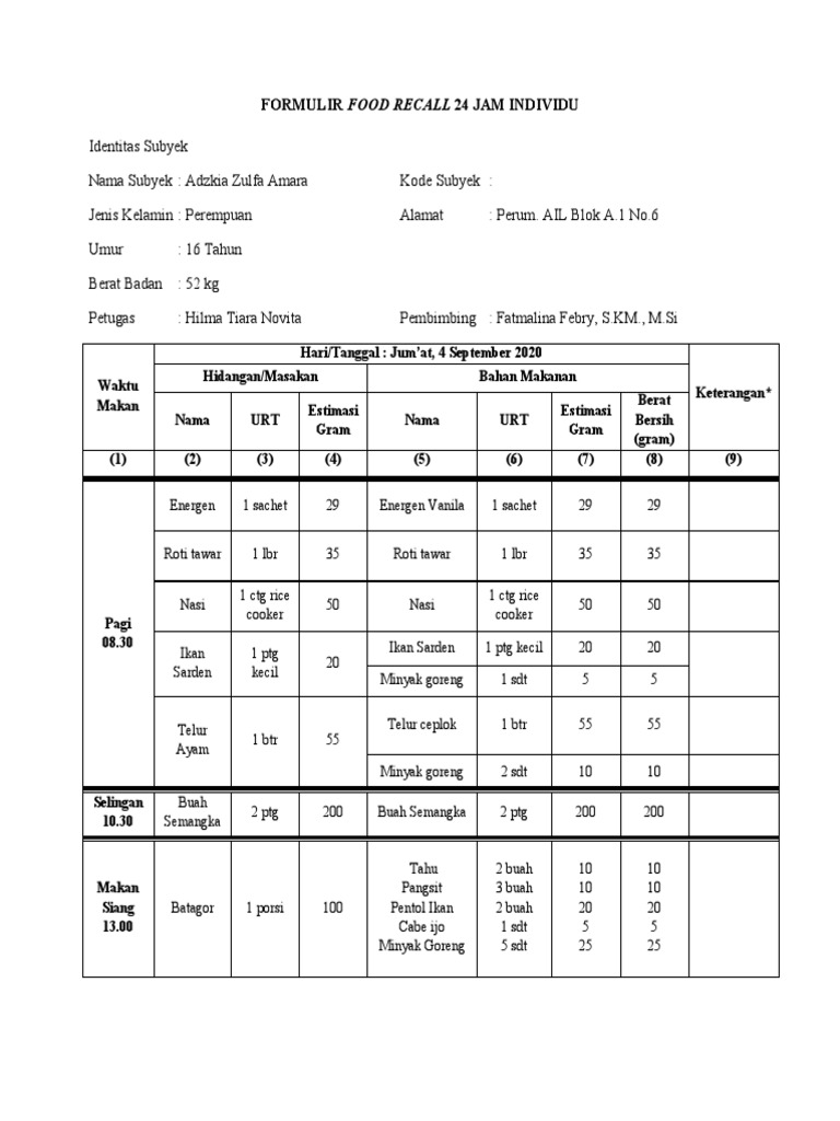 FORM FOOD RECALL 24 JAM by Hilma | PDF