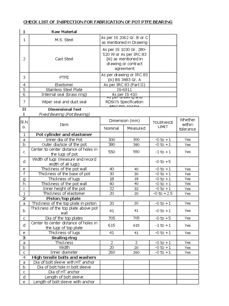 Check List of Inspection For Fabrication of Pot Ptfe Bearing I | PDF ...