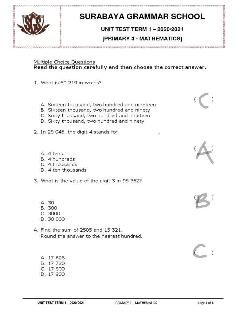 P4 MATHEMATICS (Unit Test Term 1 - 2020-2021) | PDF | Numbers ...