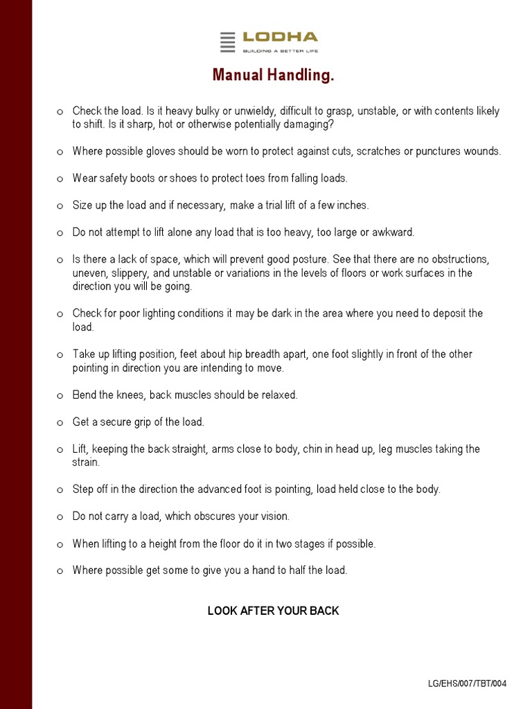 Manual Handling.: Look After Your Back | PDF | Self-Improvement | Wellness