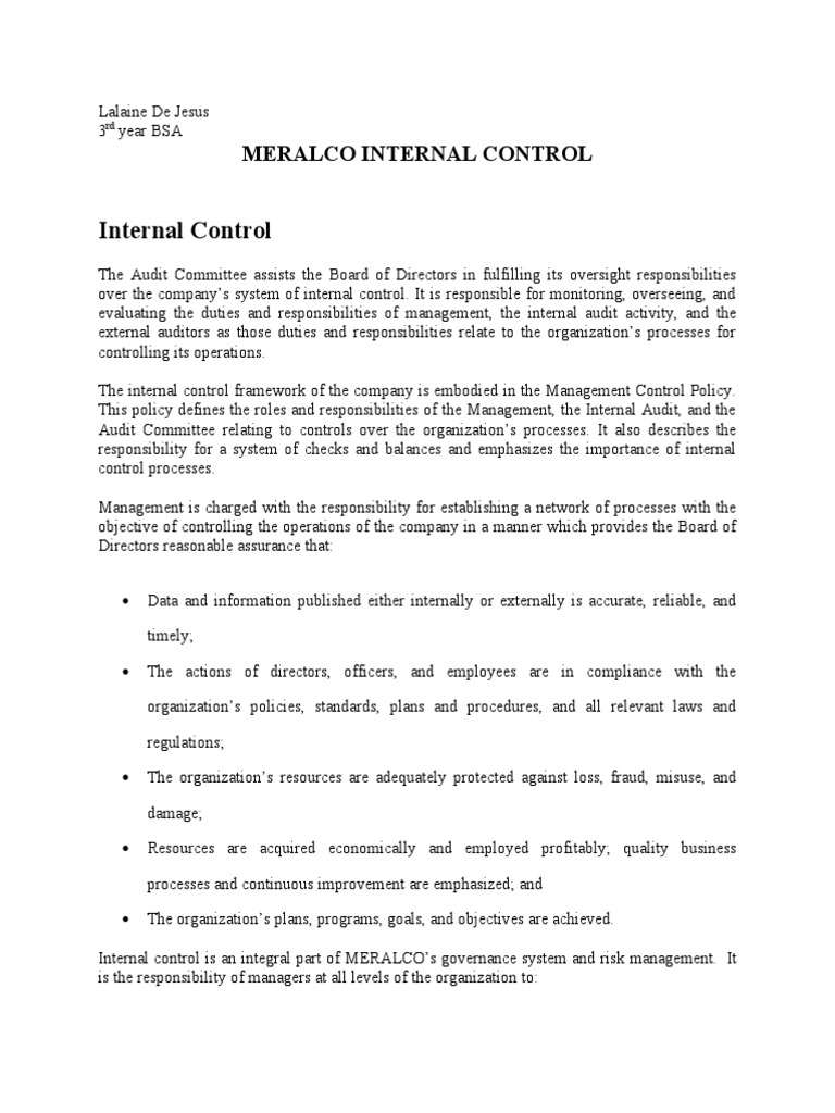 Meralco Internal Control | PDF | Internal Audit | Internal Control