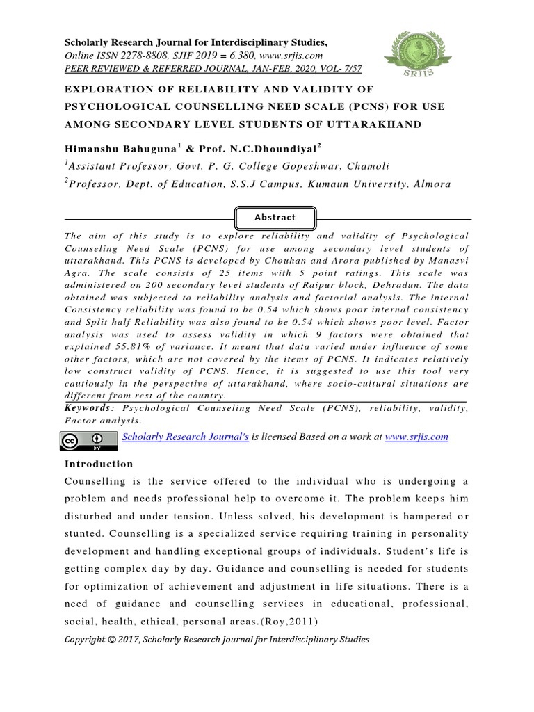 Exploration of Reliability and Validity of Psychological Counselling Need Scale (PCNS) For Use ...