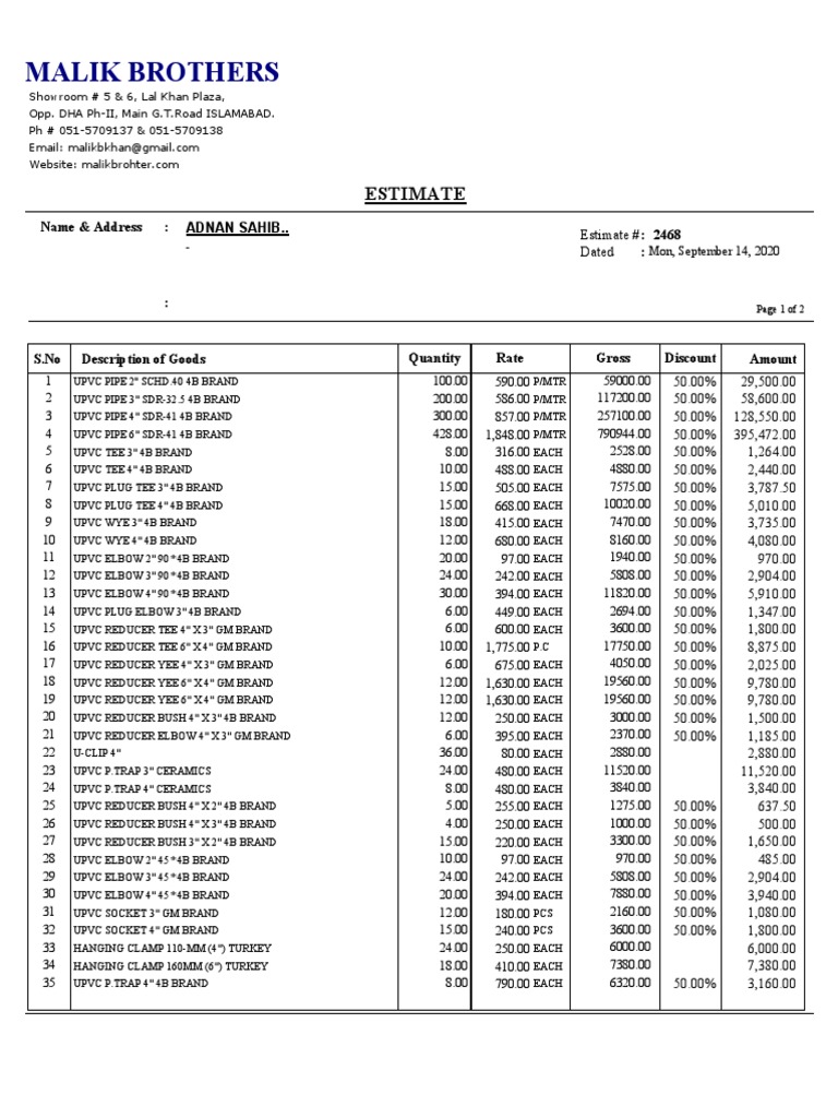 MALIK BROTHERS Plumbing Supply Estimate #2468 | PDF | Money | Building ...