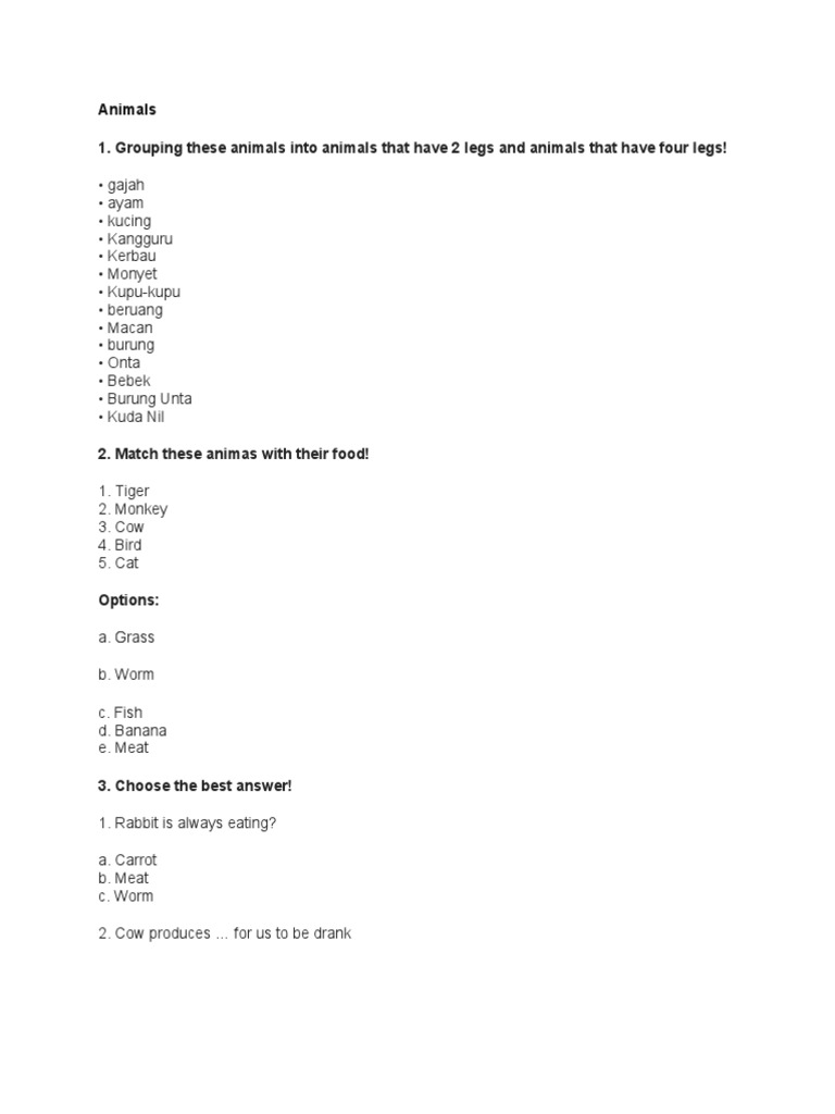 Grouping These Animals Into Animals That Have 2 Legs and Animals That ...