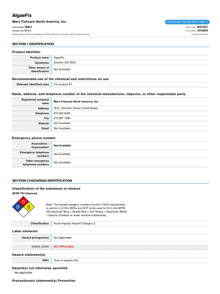 Api Algaefix Safety Data Sheet PDF | PDF | Toxicity | Dangerous Goods