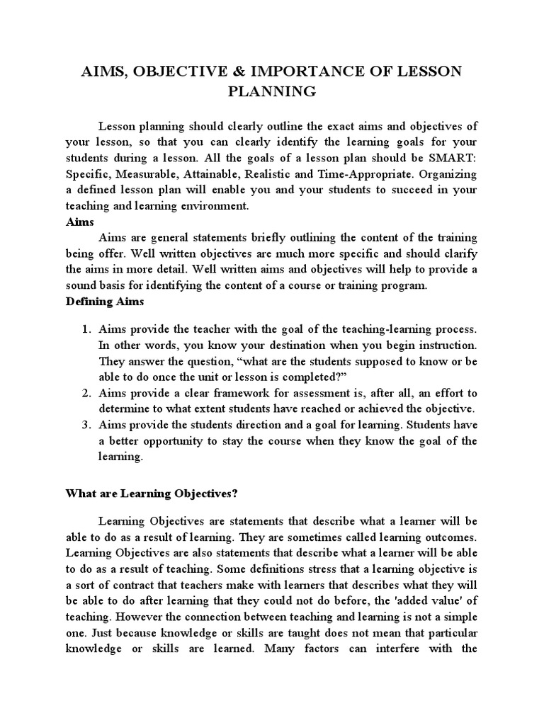 Aims and Objectives of Lesson Planning | PDF | Lesson Plan | Teachers